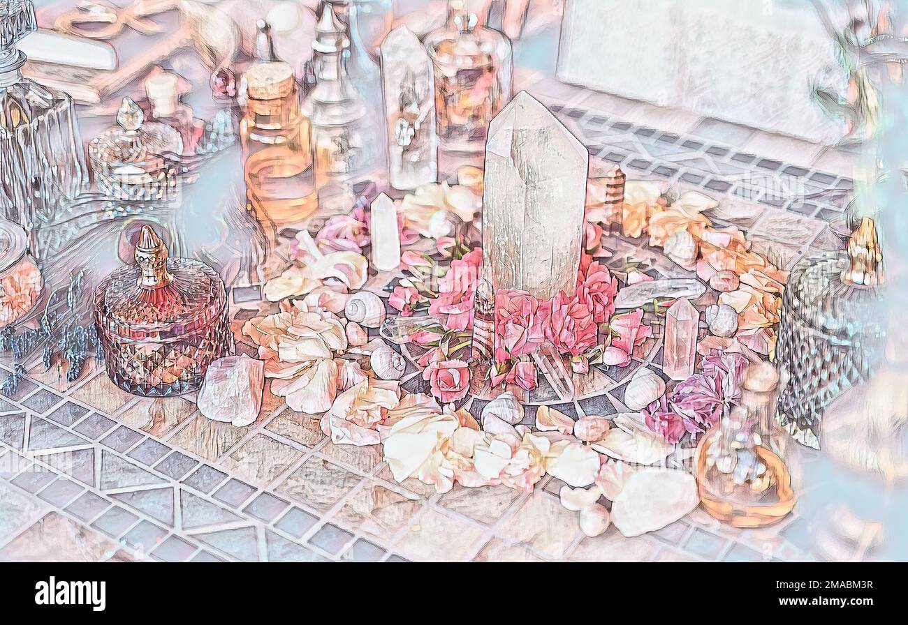 beautiful altar with crystals and rose flowers. Painting effect Stock ...