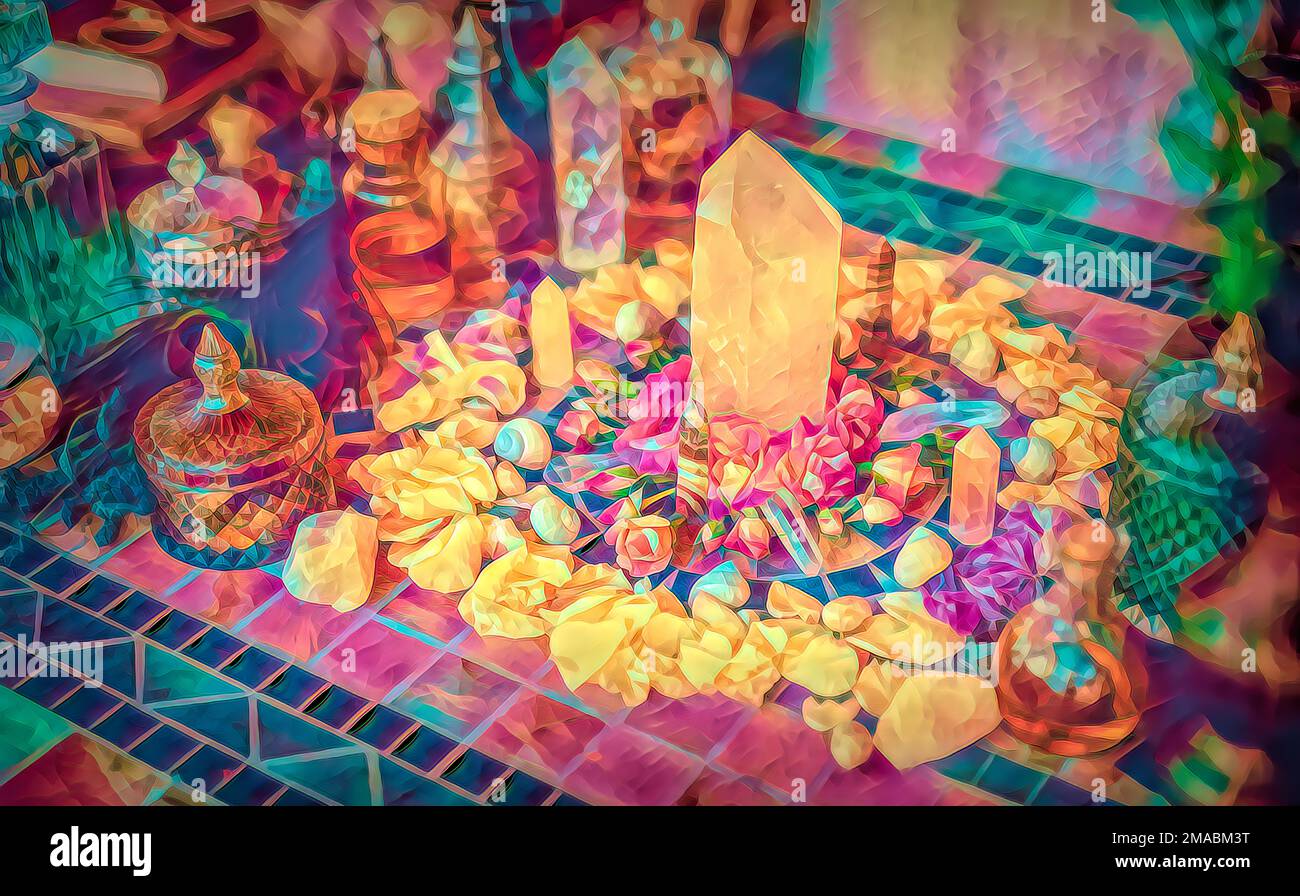 beautiful altar with crystals and rose flowers. Painting effect Stock ...