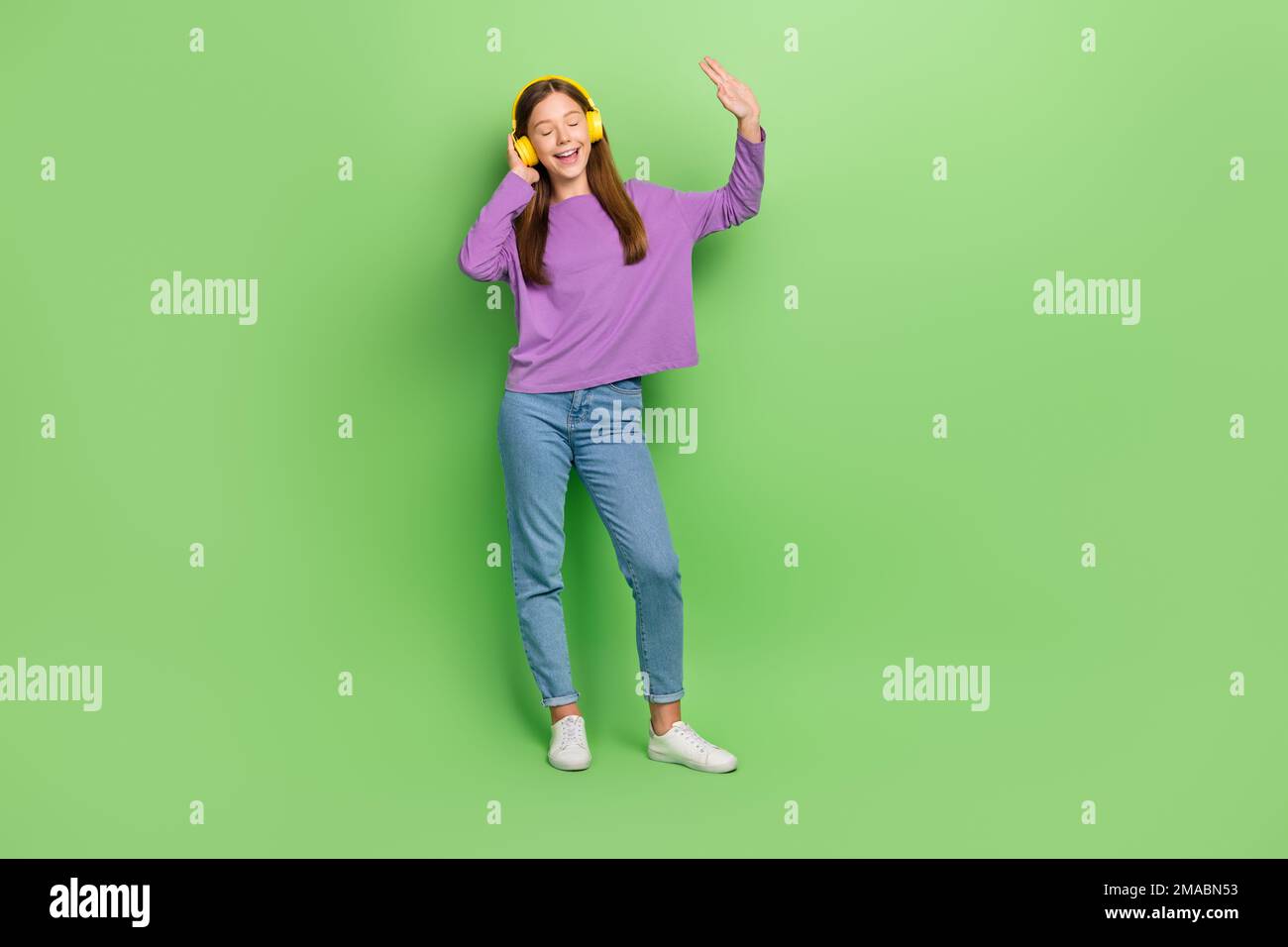 Full length photo of funky positive girl wear stylish clothes have fun ...