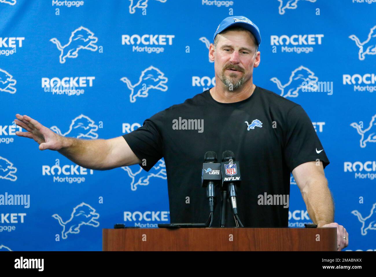 Detroit Lions head coach Dan Campbell addresses the media after an NFL ...