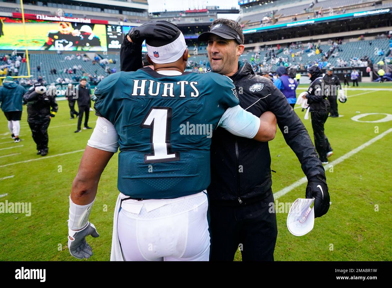 Philadelphia Eagles' Jalen Hurts embraces Eagles' head coach Nick ...