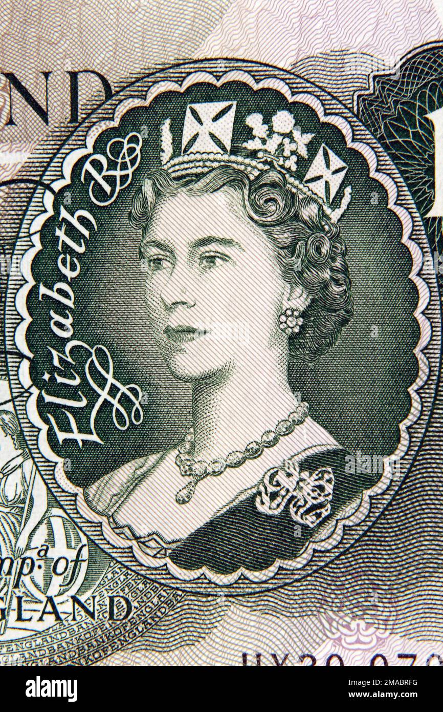 Queen Elizabeth the second portrait on the british banknote Stock Photo ...