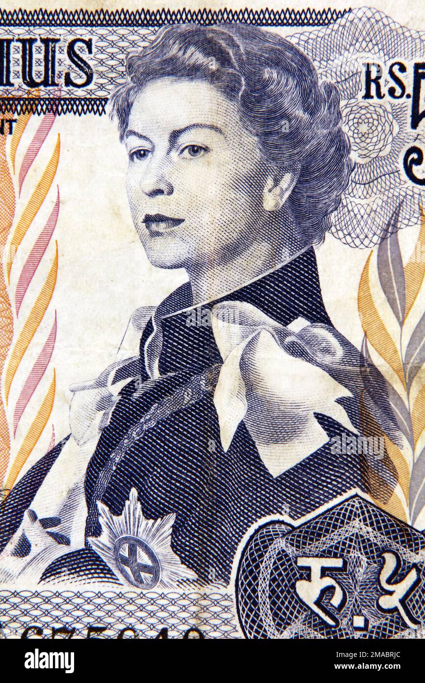 Queen Elizabeth the second portrait on the Mauritius banknote Stock ...