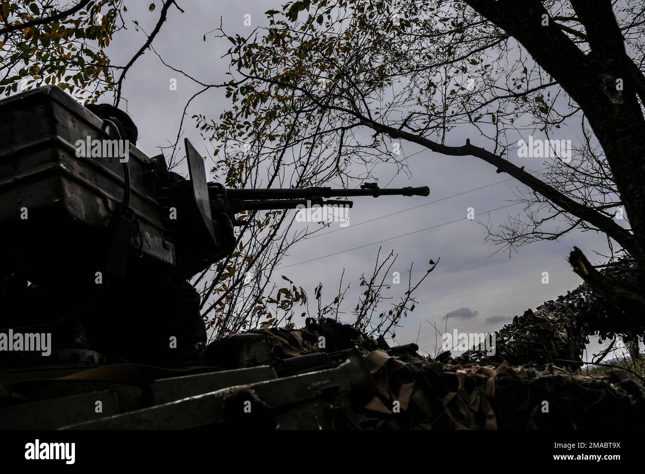 A machine gun on the top of a tank in Bakhmut, Ukraine, Sunday, Oct. 2 ...