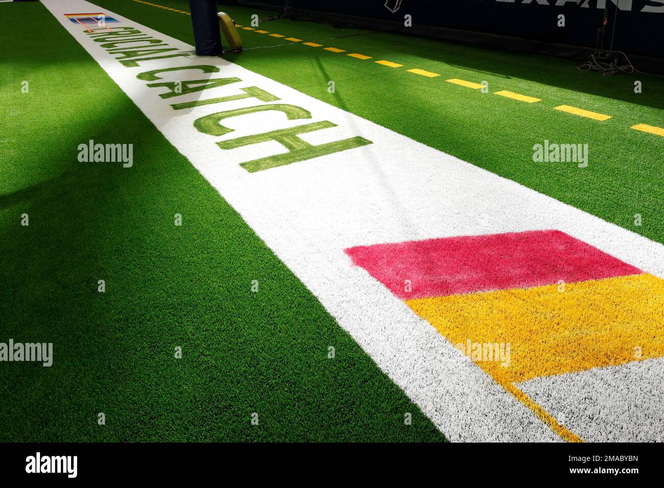 The colors of the NFL crucial catch screening is seen on the end zone ...