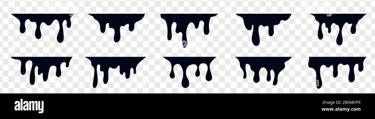 Liquid paint dripping. Black melt drop set. Blood, oil and liquid blob ...