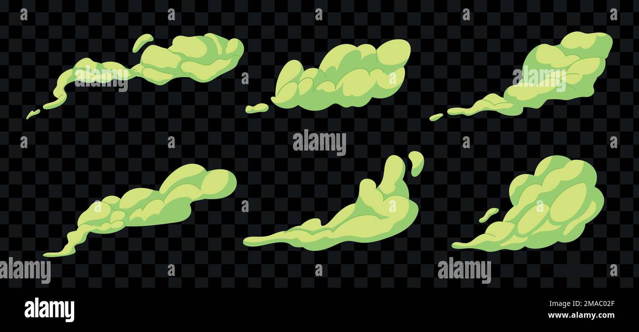 Stinky smoke samples set. Green smelly toxic clouds in cartoon style ...