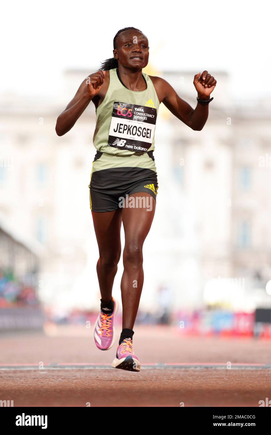 Joyciline Jepkosgei of Kenya crosses the line in second place in the ...