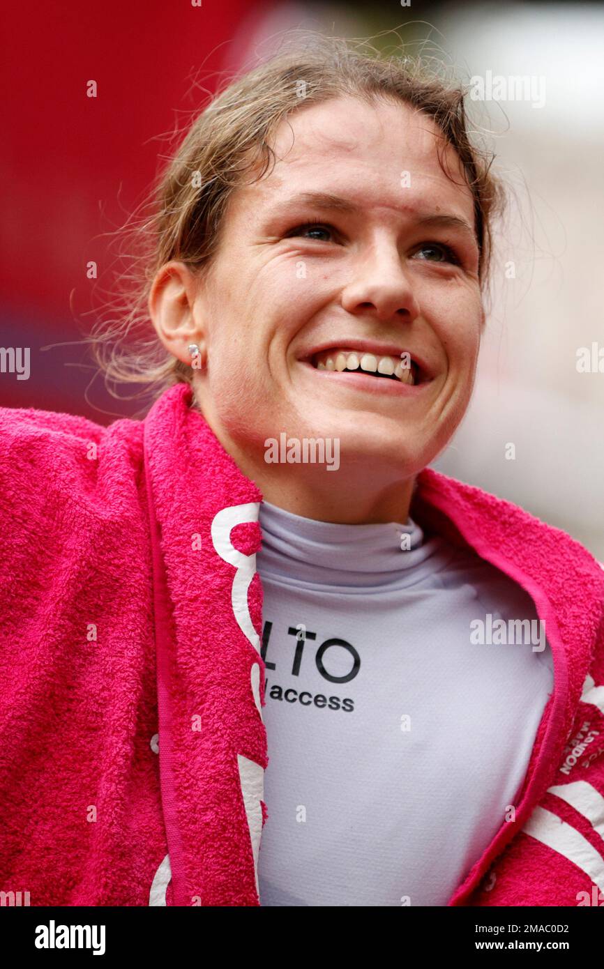 Catherine Debrunner of Switzerland poses for media after winning the ...