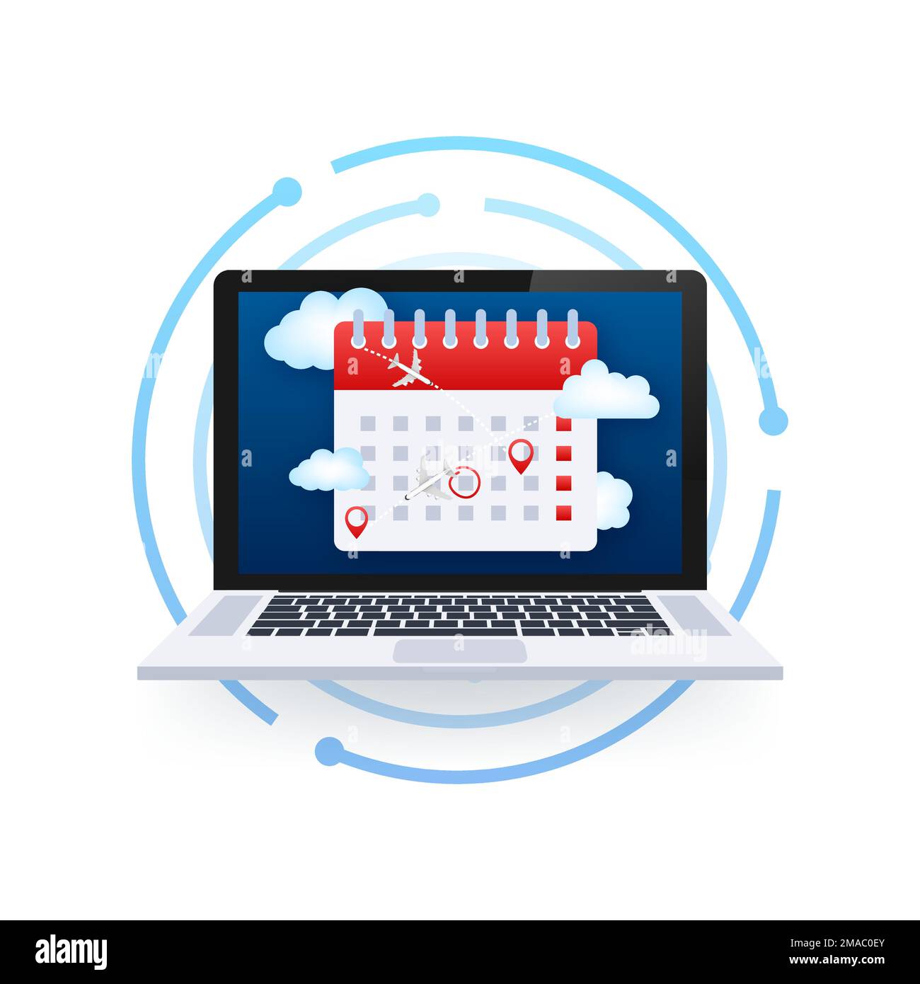 Reminder in calendar on laptop screen. Plane travel around. Vector ...