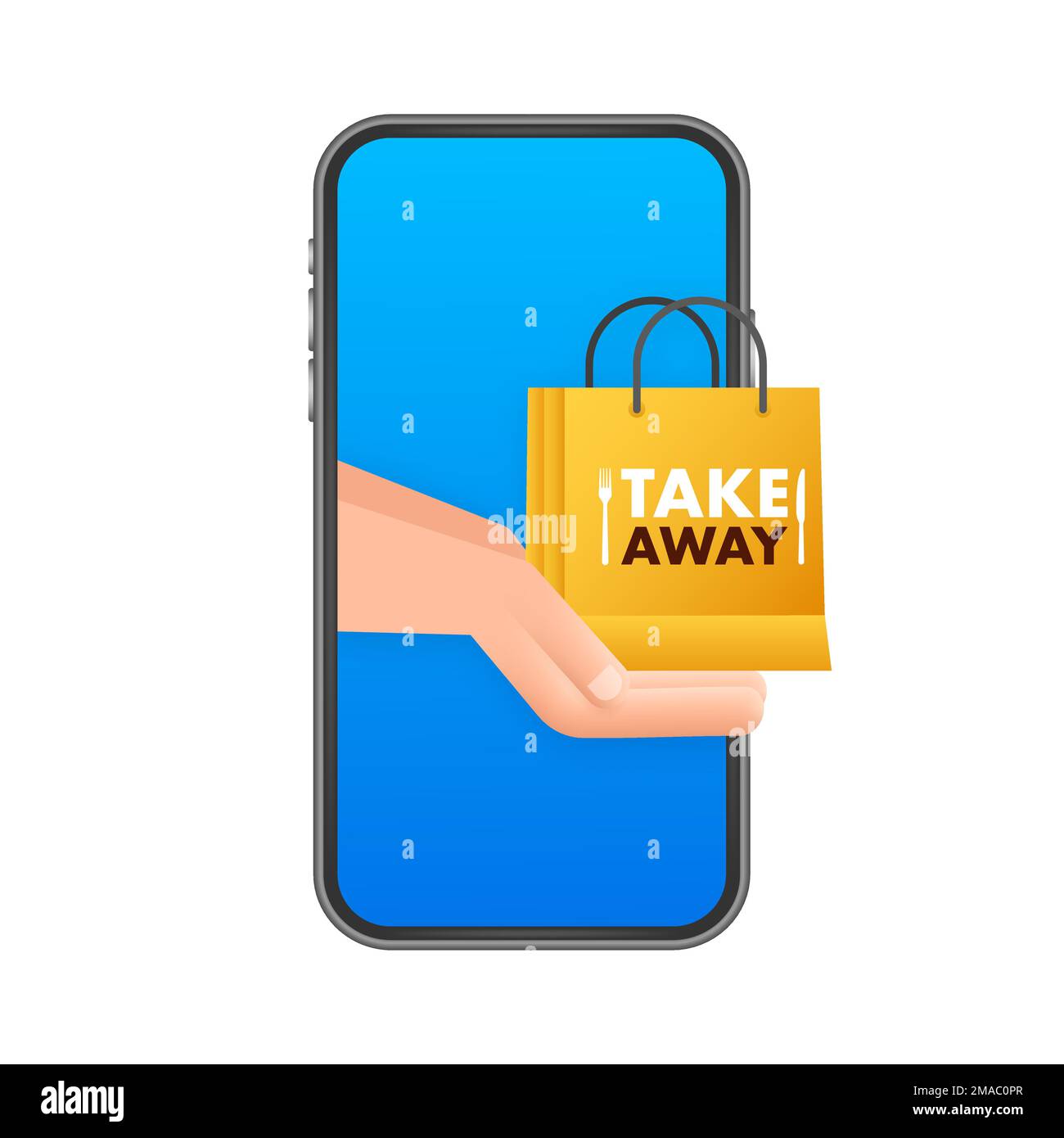 Take away Bag and hand on smartphone screen sign, label. Take out food ...