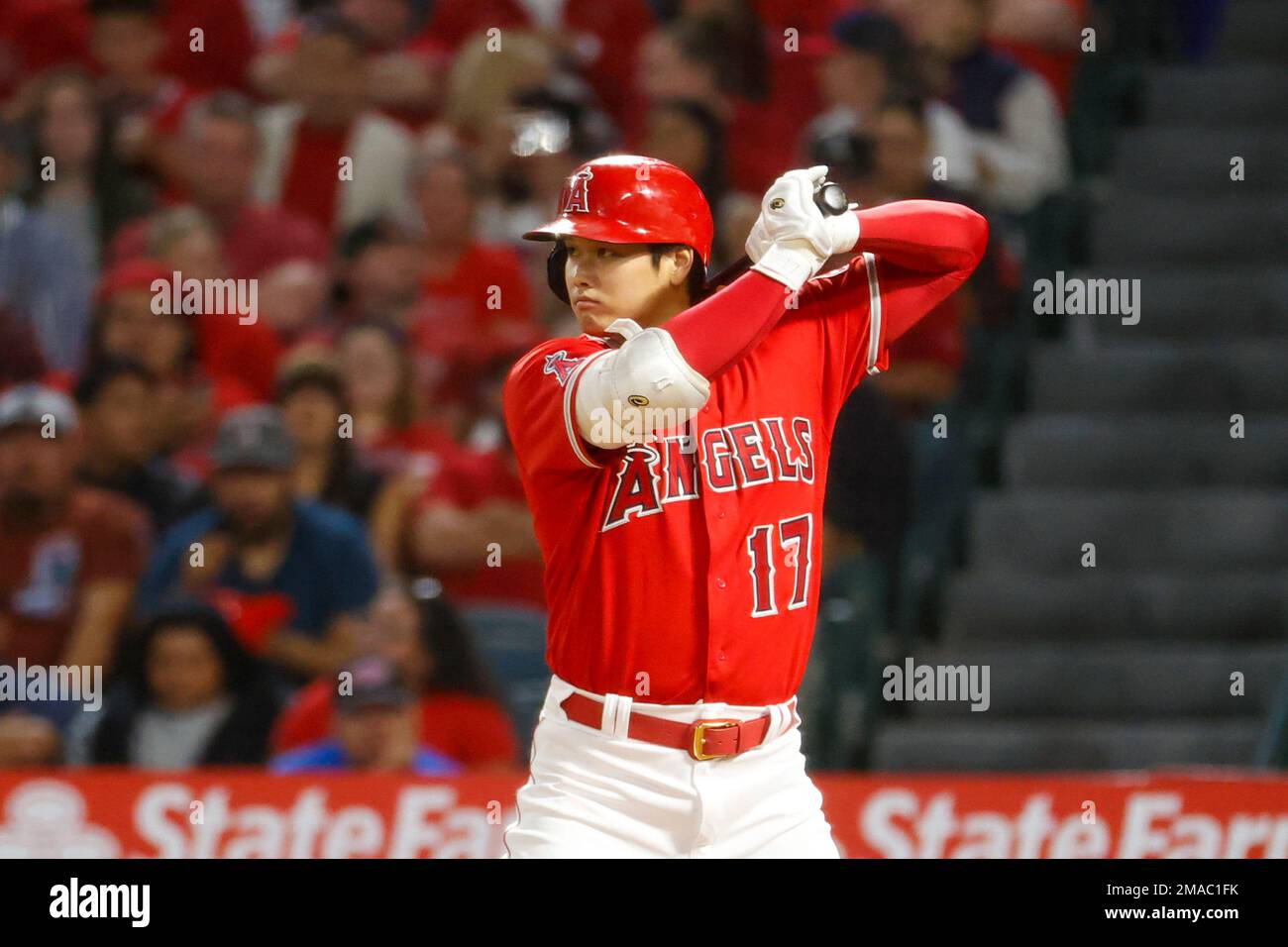 Los Angeles Angels' Shohei Ohtani (17) gets ready to swing at a pitch ...