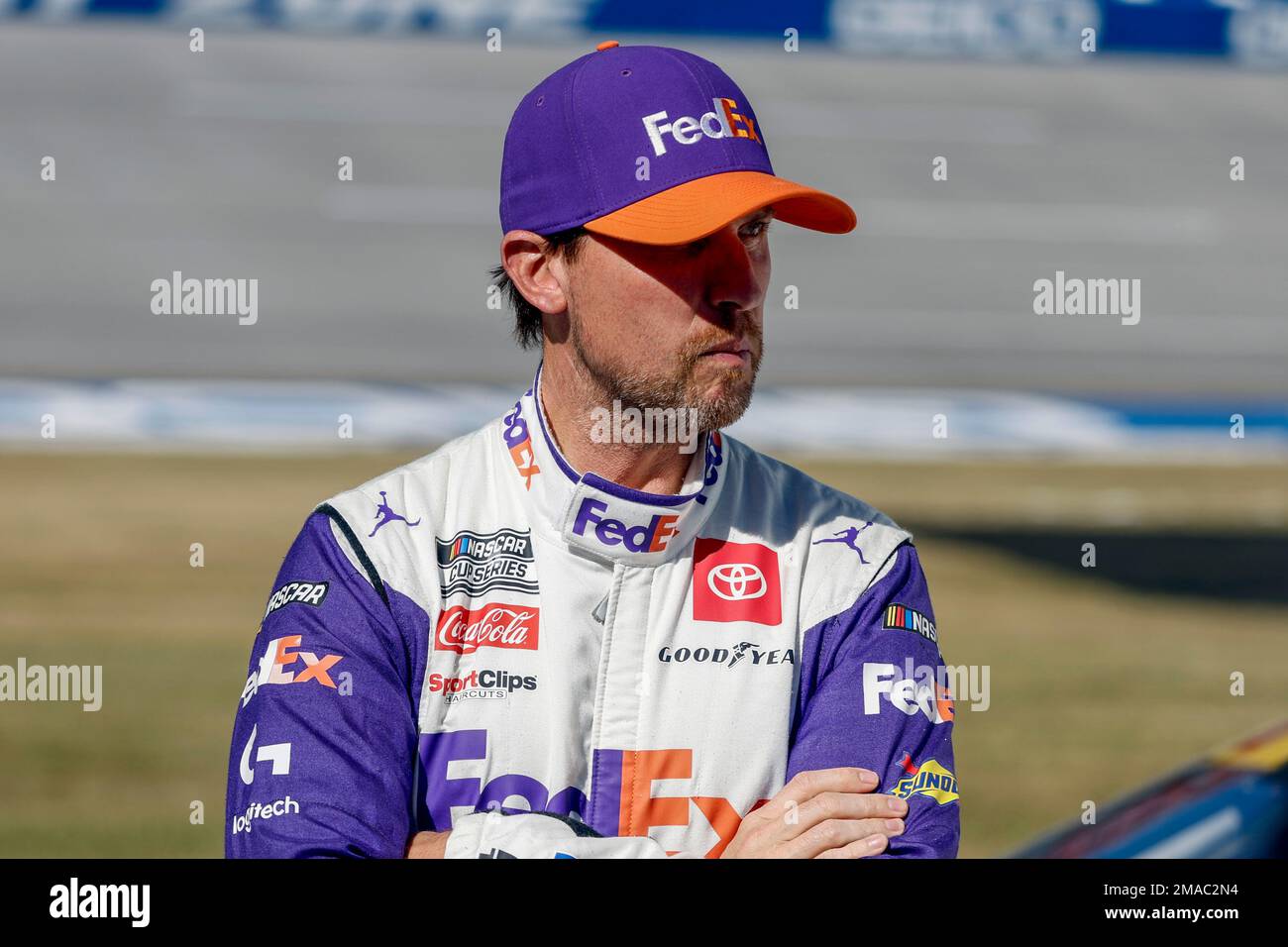Driver Denny Hamlin waits to qualify during qualifying for the NASCAR ...