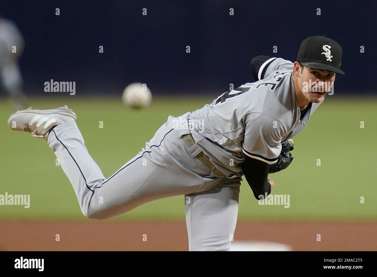 Chicago White Sox starting pitcher Dylan Cease works against a San Diego Padres batter during ...