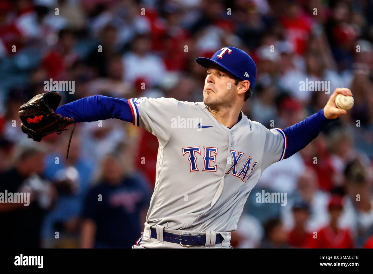 Texas Rangers starting pitcher Cole Ragans throws to a Los Angeles ...