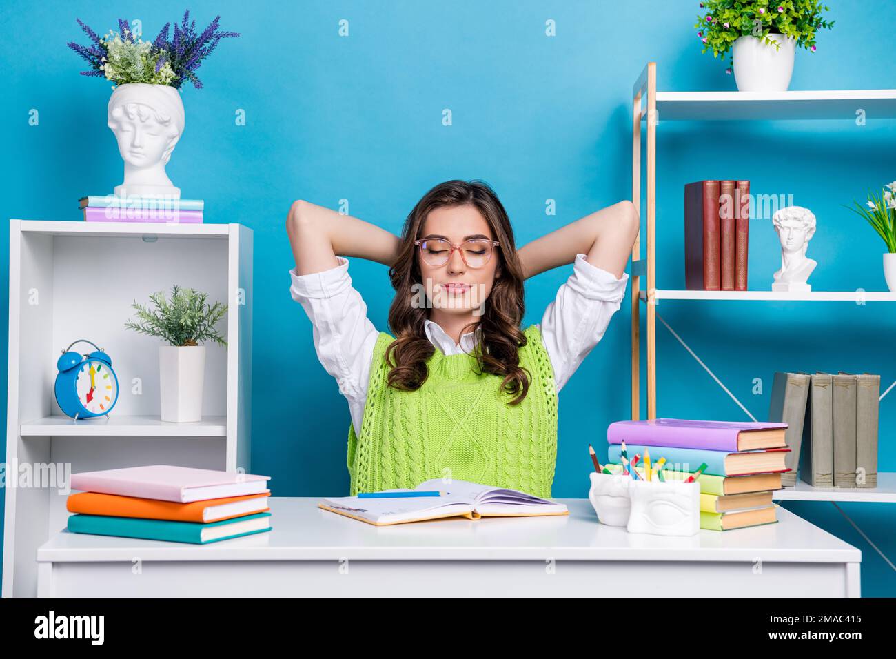 Portrait of peaceful pretty lady closed eyes arms behind head take nap ...