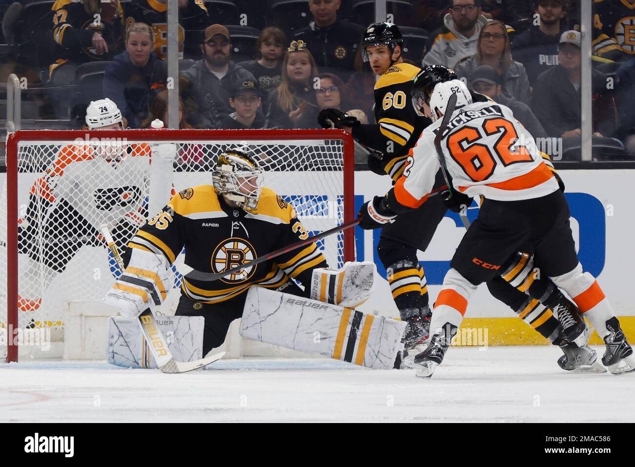 Philadelphia Flyers' Olle Lycksell (62) tries to get a shot on Boston ...