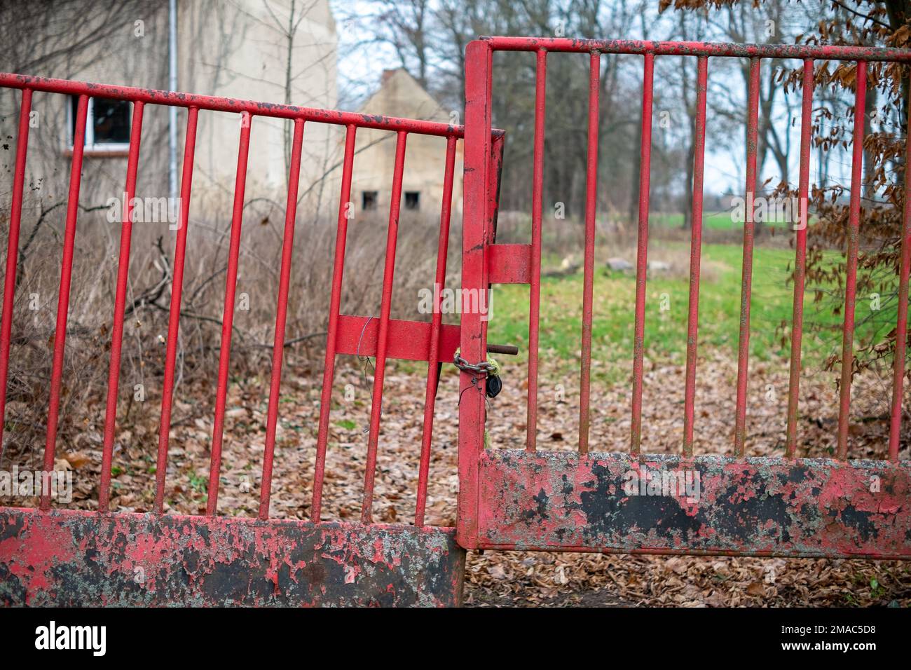 A closed and chained broken red gate in a farm Stock Photo - Alamy