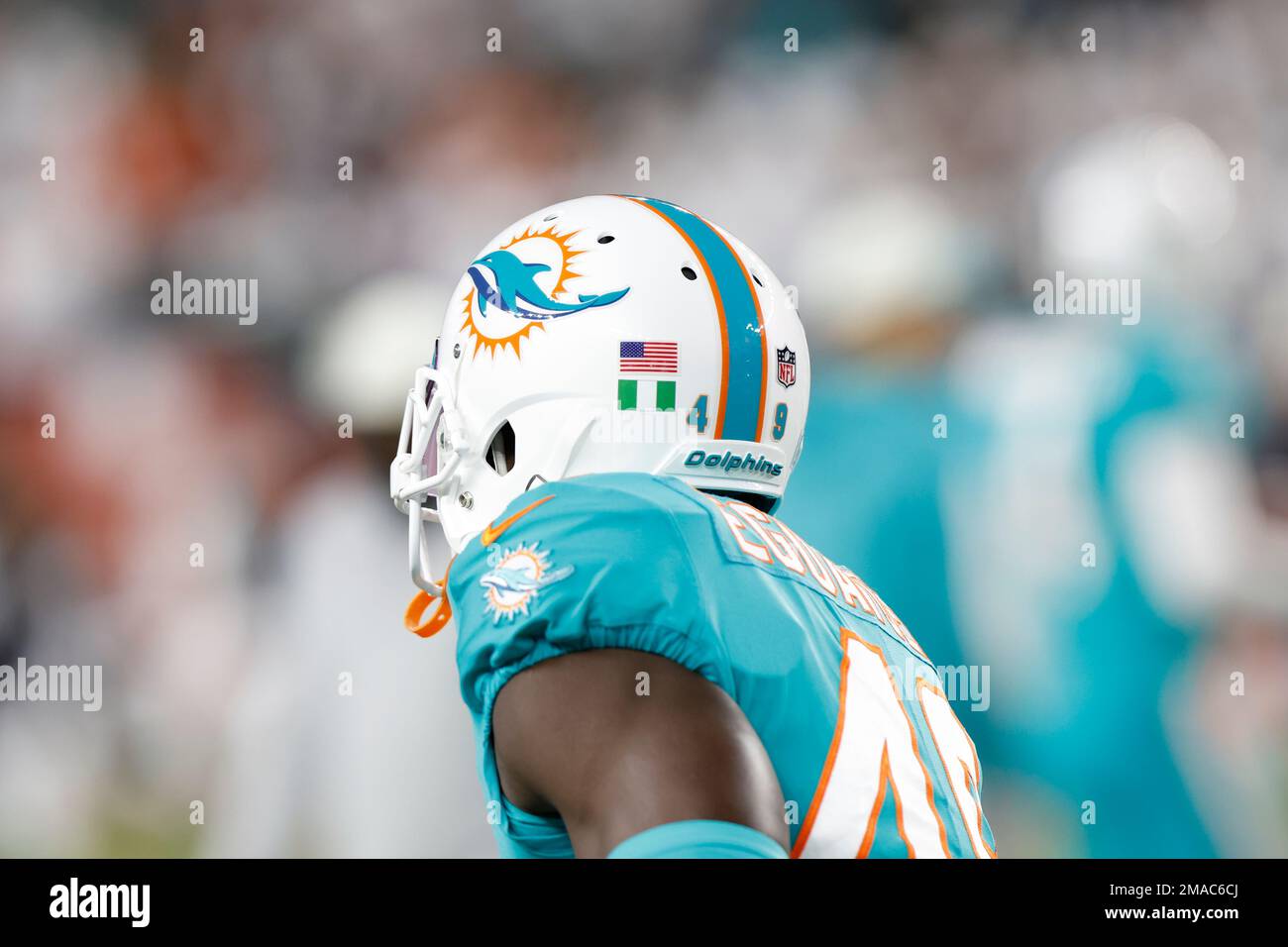 Flag decals are seen on the helmet of Miami Dolphins linebacker Sam ...