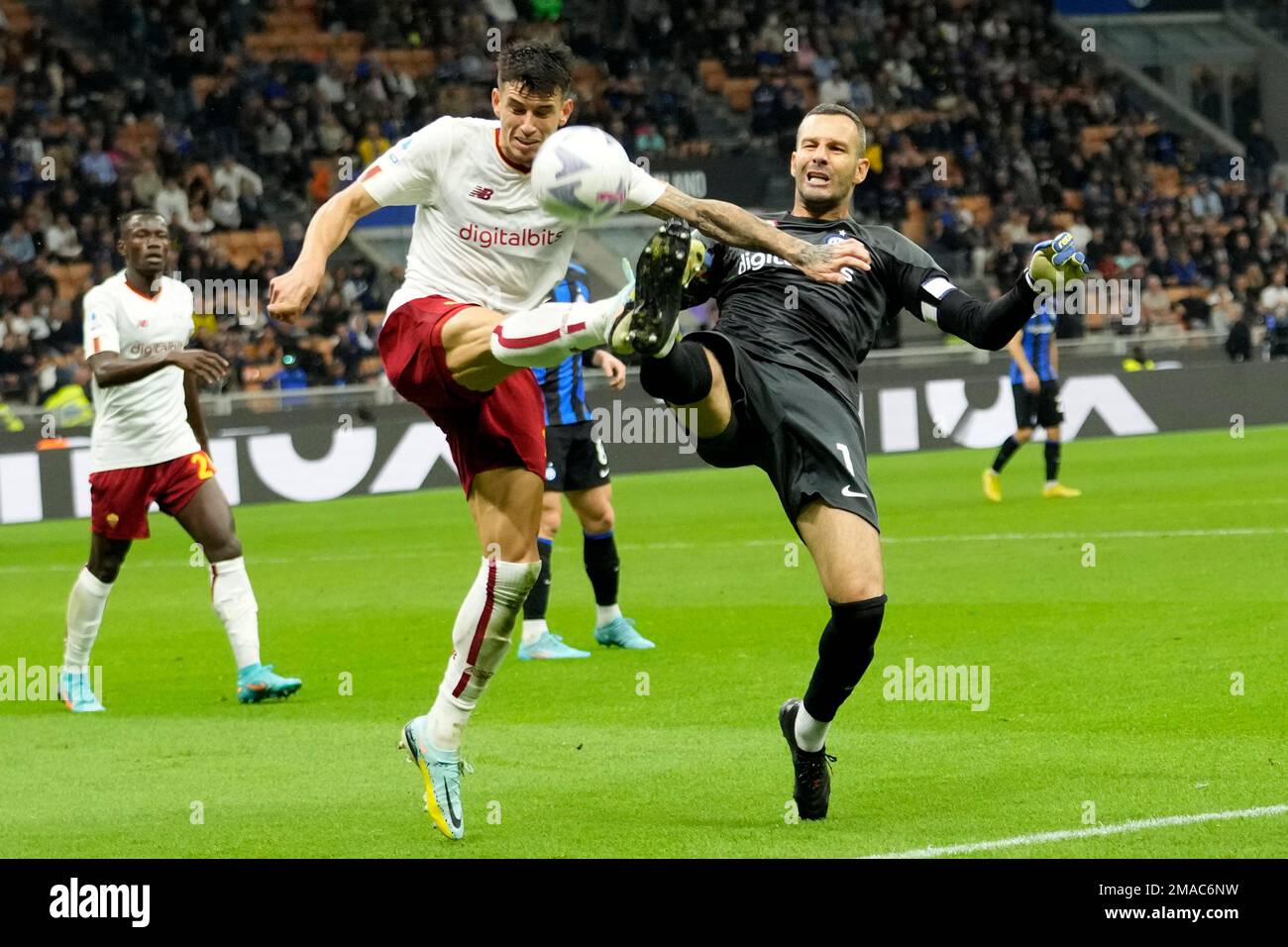 Inter Milan's goalkeeper Samir Handanovic tries to score as in action ...