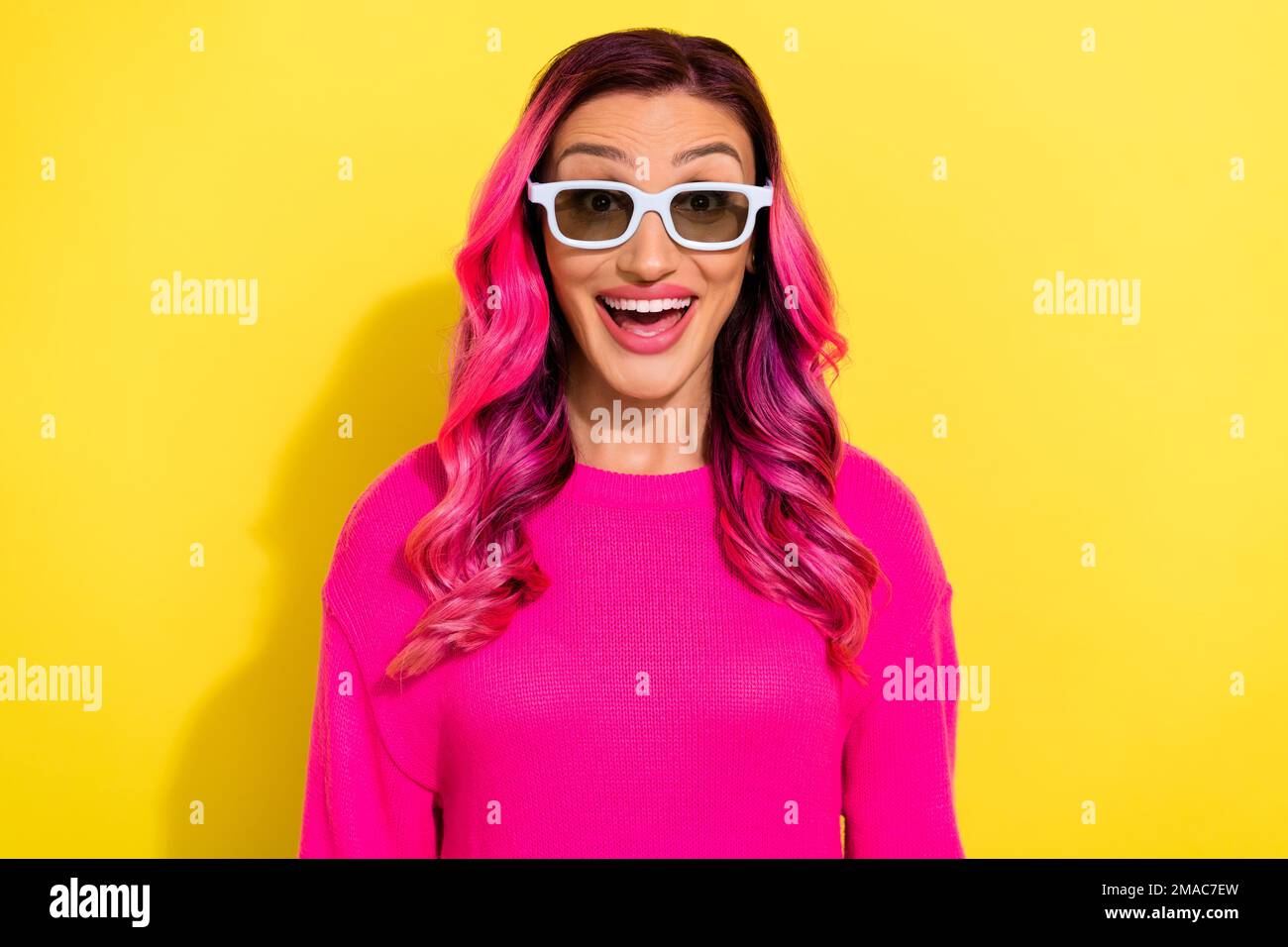 Portrait of astonished cheerful person wear 3g glasses open mouth ...