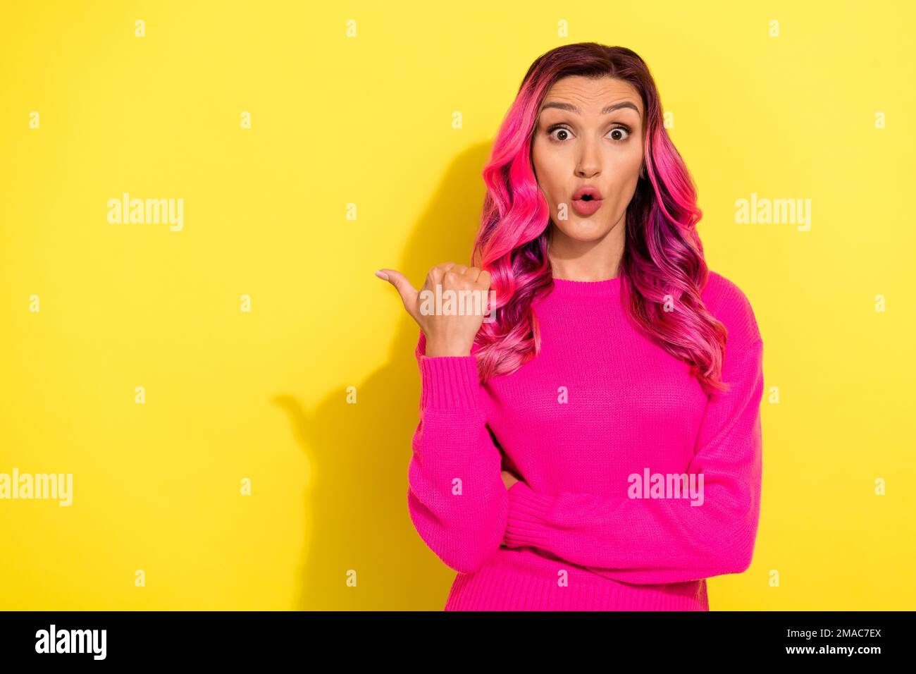 Photo of excited impressed youngster lady demonstrate incredible salon ...