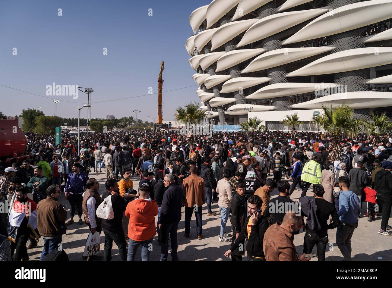 Basrah, Iraq. 19th Jan, 2023. Football fans crowd outside the Jaza·a Al ...