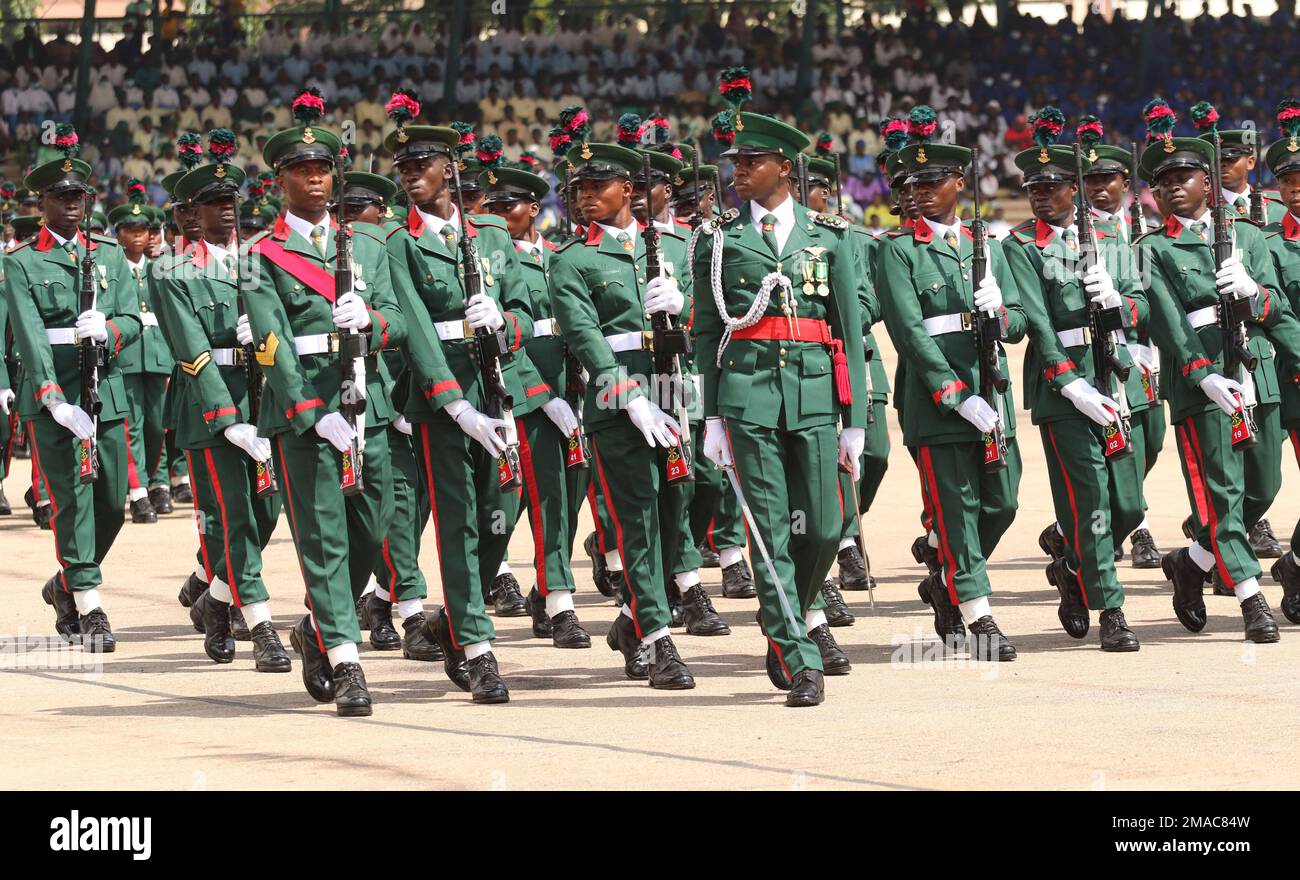 Nigerian soldiers march during 62nd anniversary celebrations of ...