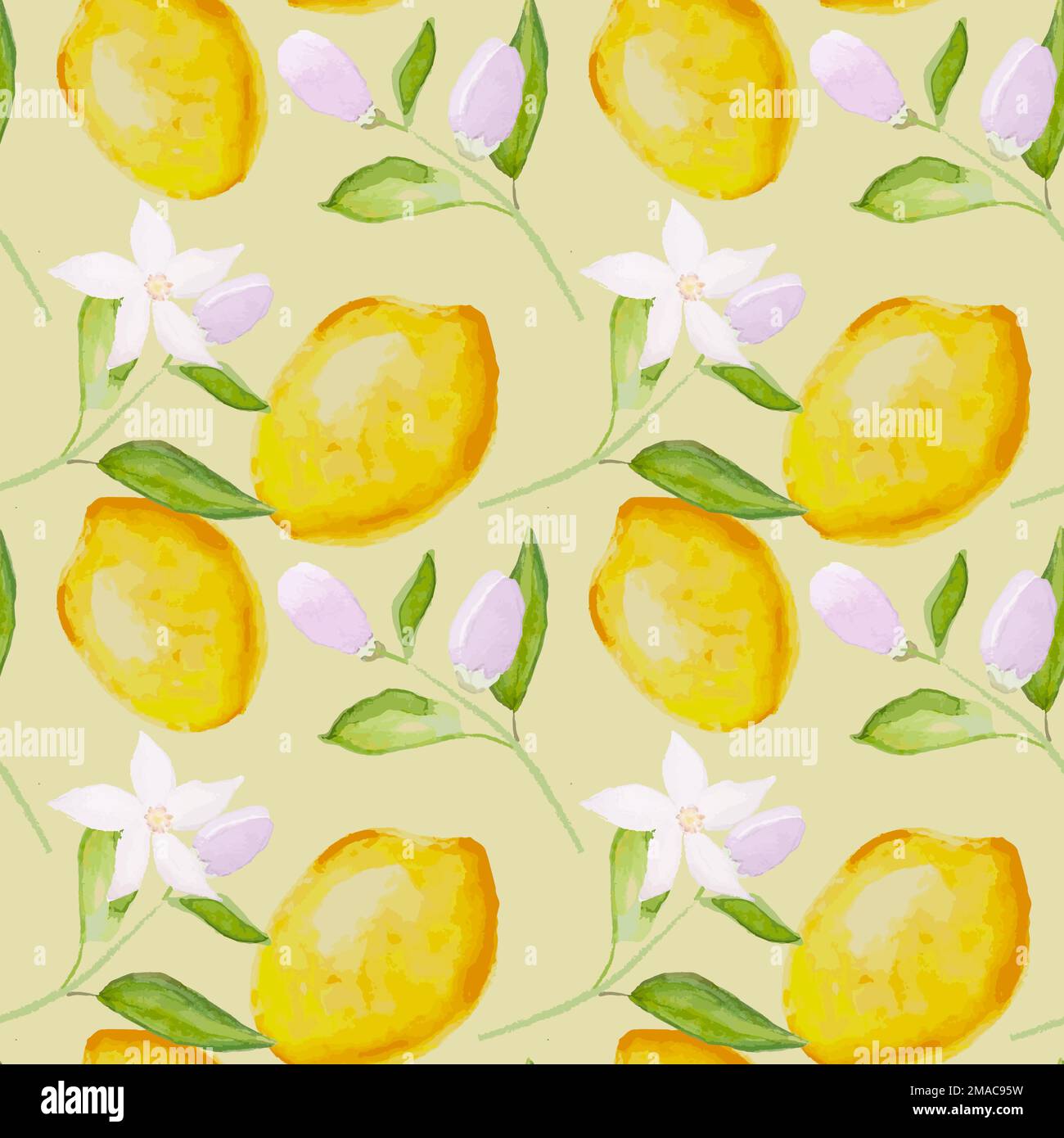 Seamless pattern with hand drawn blooming lemon tree branches and ...