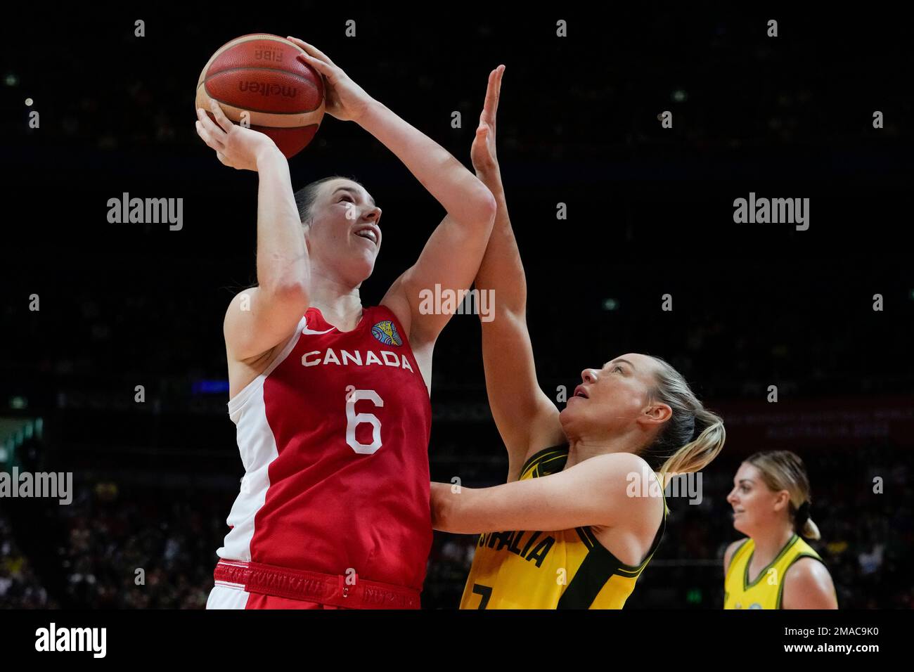 Canada's Bridget Carleton attempts a shot at goal as Australia's Tess ...