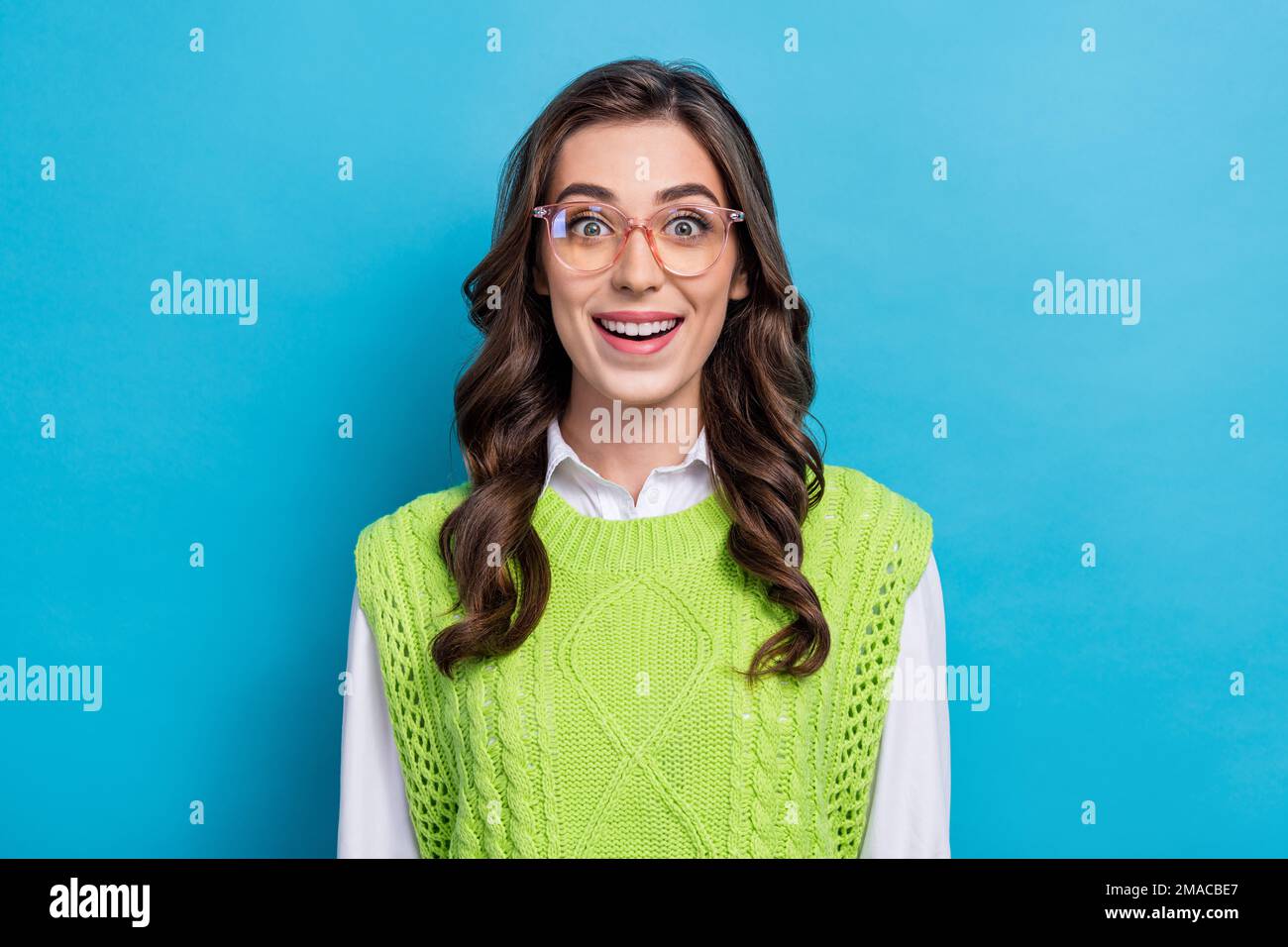 Photo of cheerful pretty astonished person beaming smile unbelievable ...