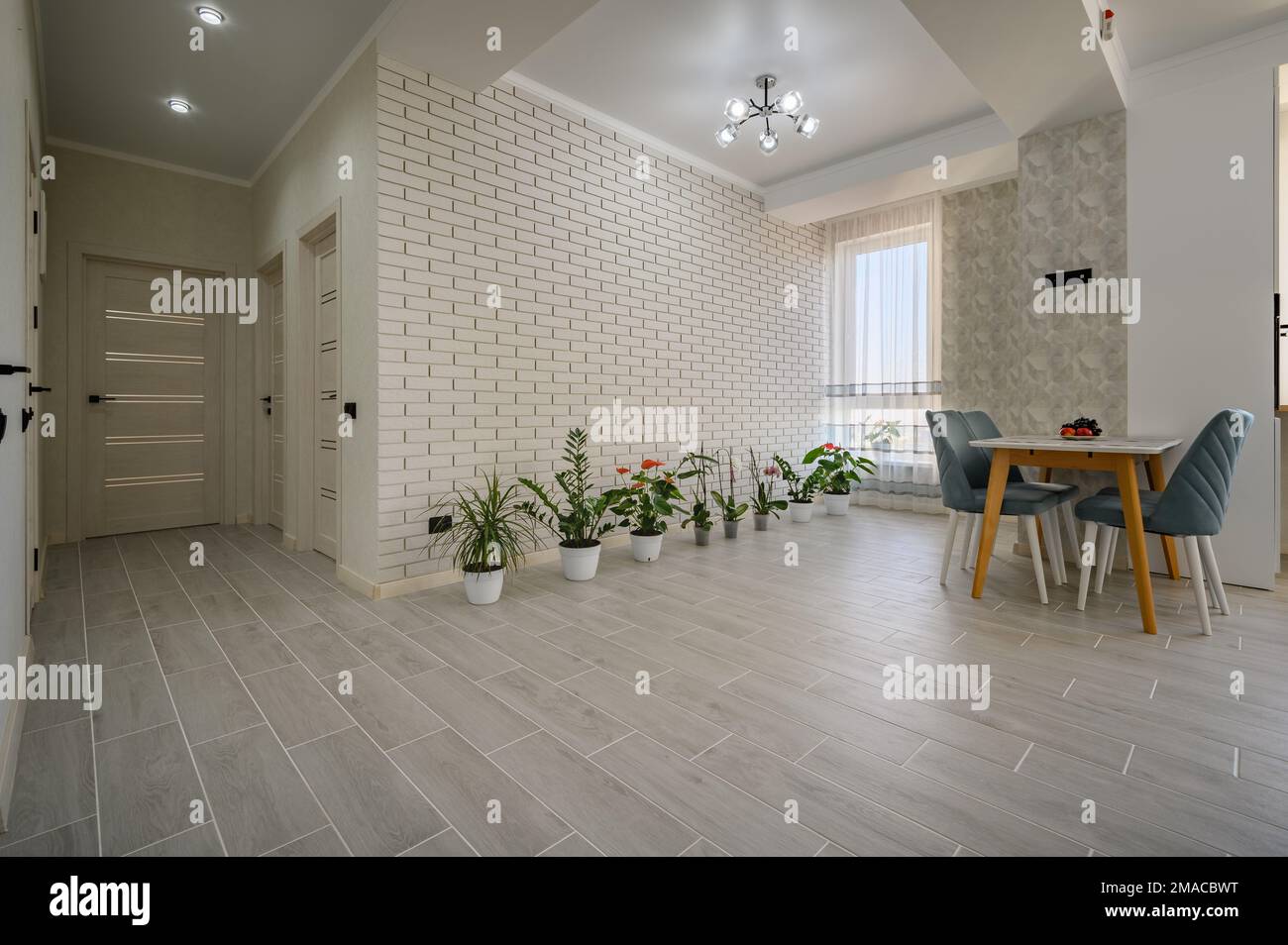 Trendy white studio apartment with a dining table and row of green ...