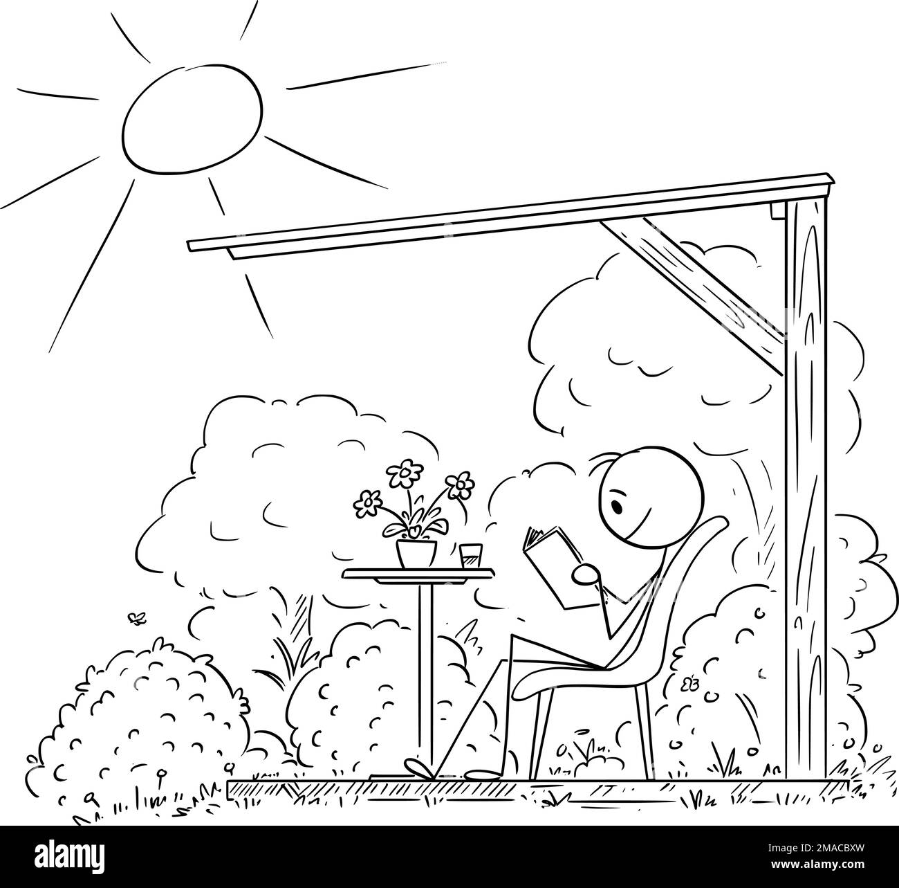 Person Reading Book Under Pergola on Garden , Vector Cartoon Stick ...