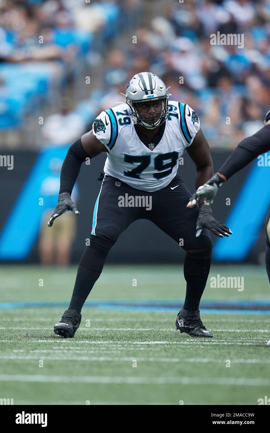 Carolina Panthers offensive tackle Ikem Ekwonu (79) lines up on offense ...