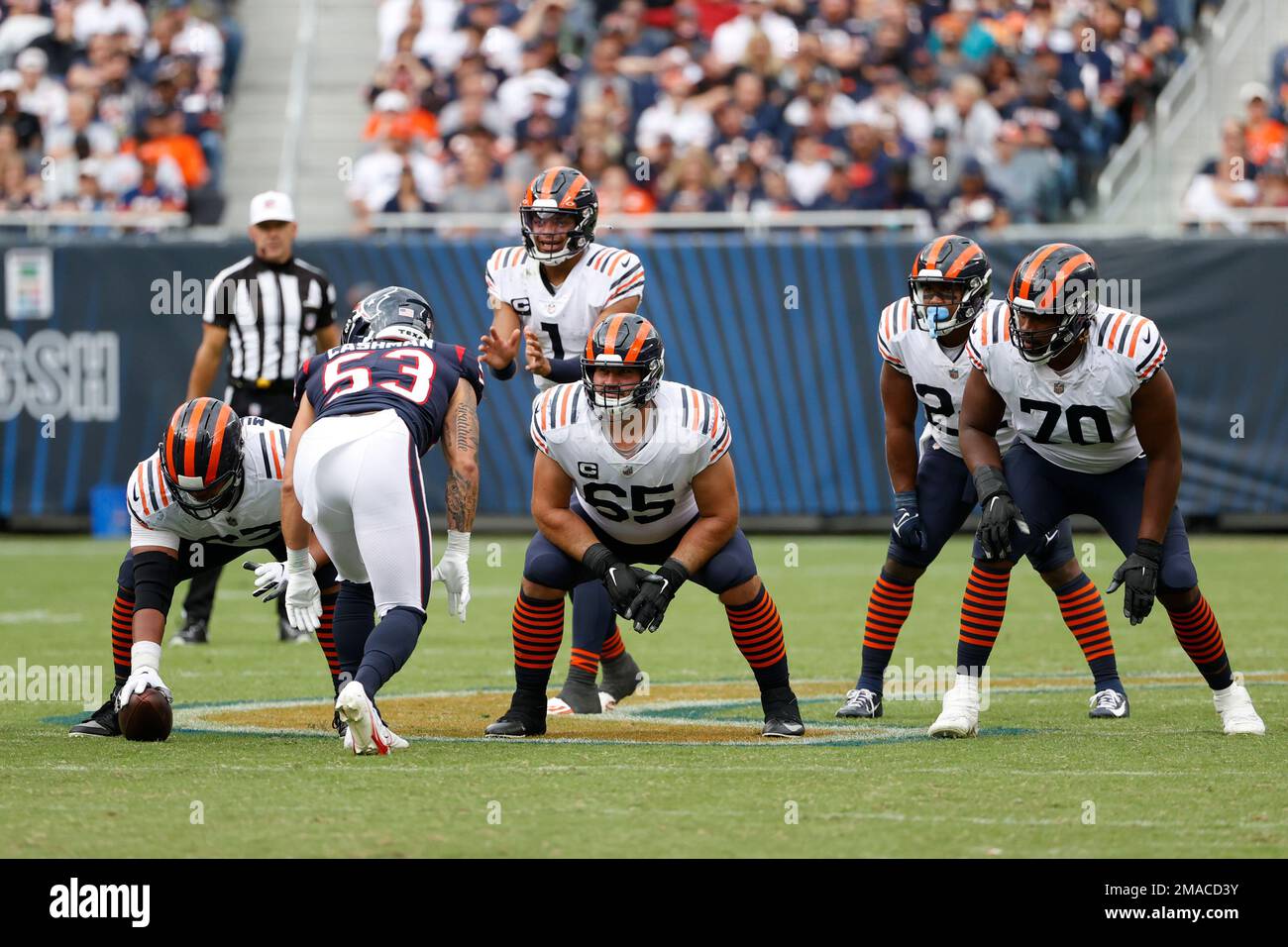 Chicago Bears center Cody Whitehair (65) looks on during the second ...