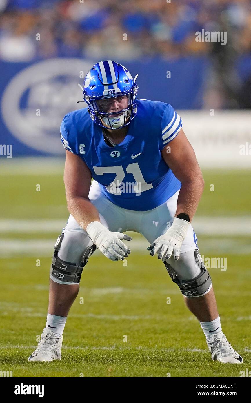 BYU offensive lineman Blake Freeland (71) looks on during the first ...