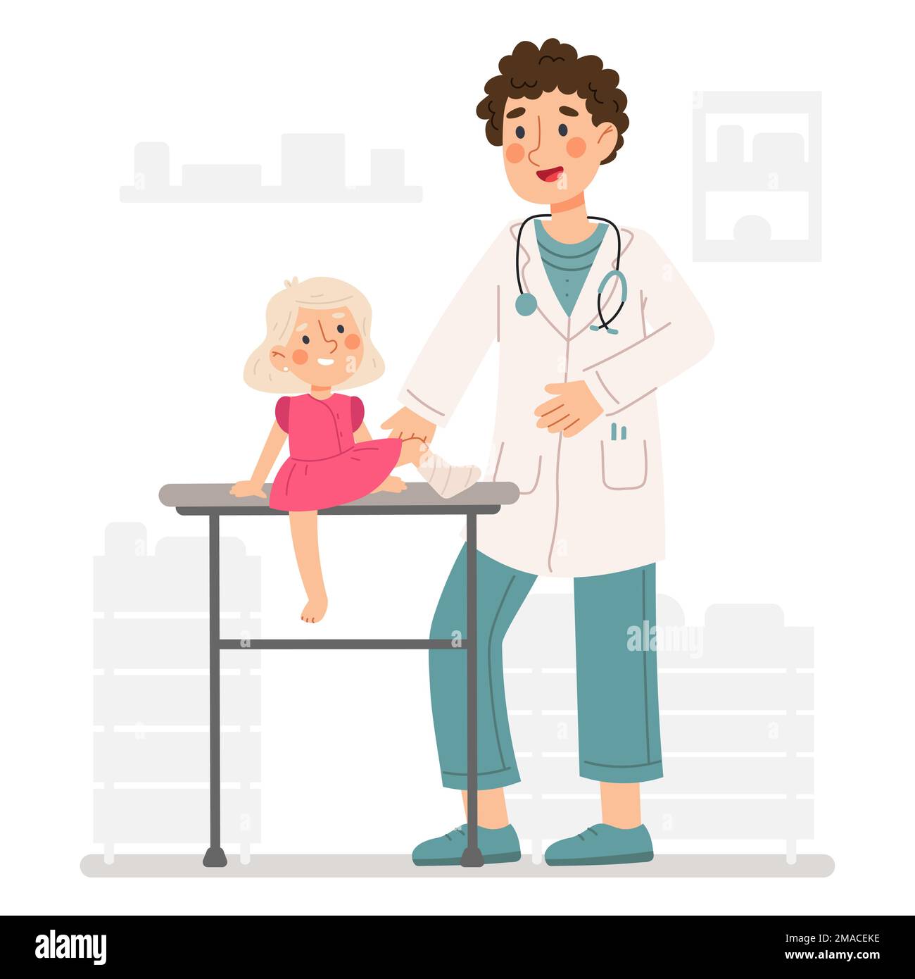 Kid with a broken leg in the trauma doctor's office.Person with plaster ...