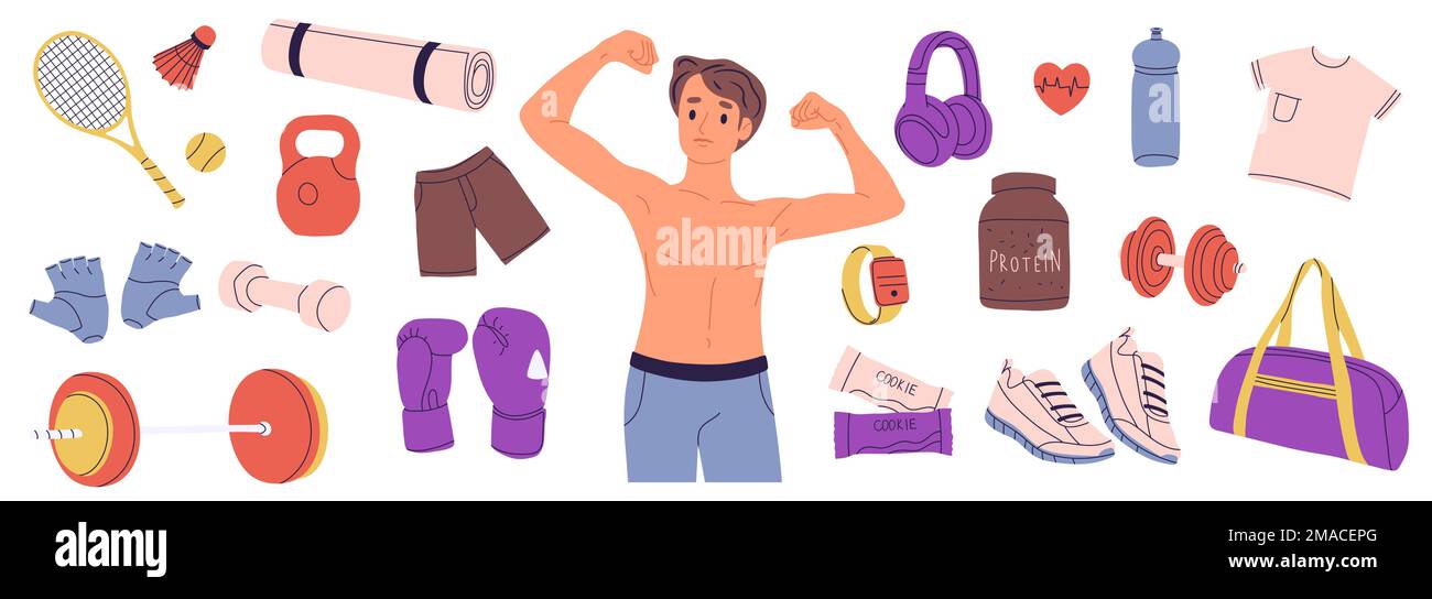 Young athletic man and various gym equipment. Barbell, dumbbell ...