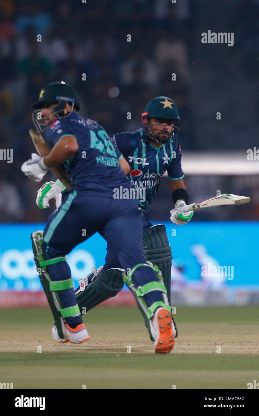 Pakistan's Babar Azam, right, and his batting partner Haider Ali run ...
