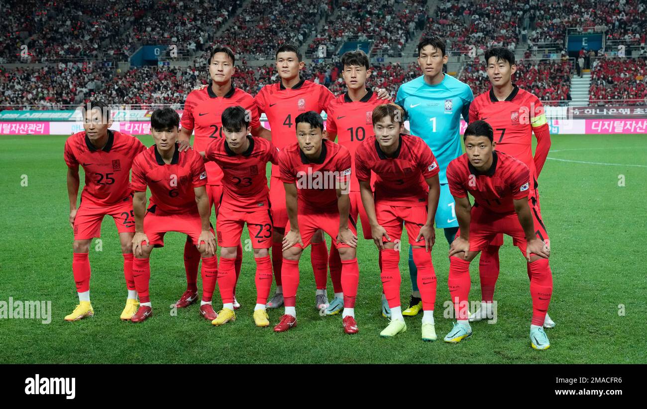 South Korean players line up for a photograph prior to the start of the ...