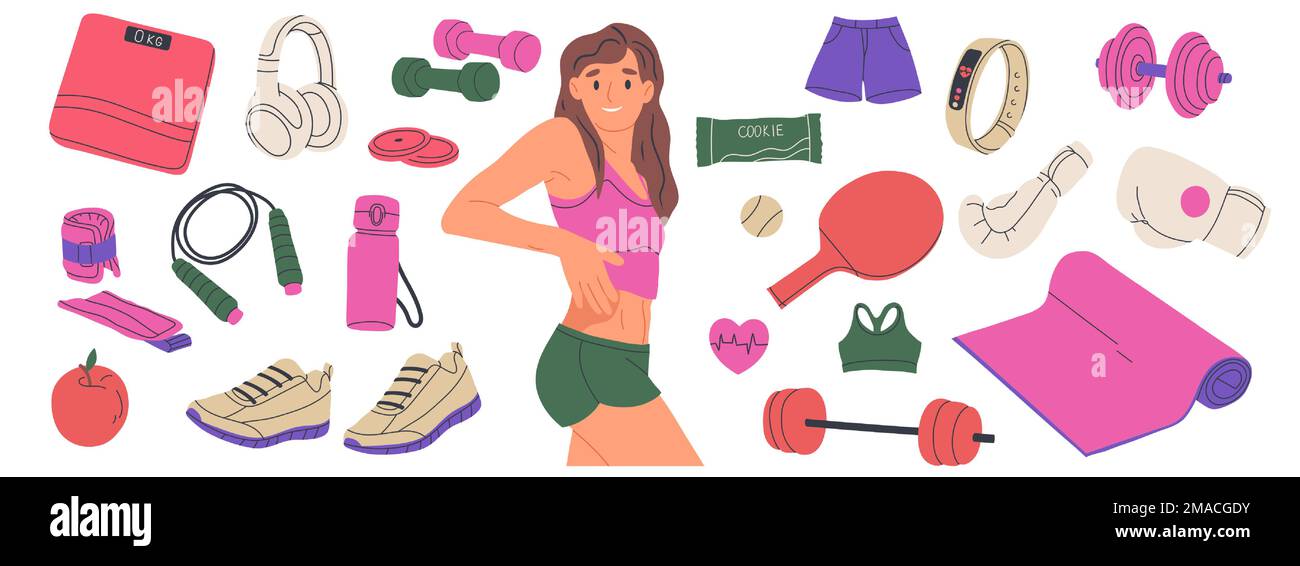 Young fit woman and different gym and yoga items. Yoga mat, jump rope ...