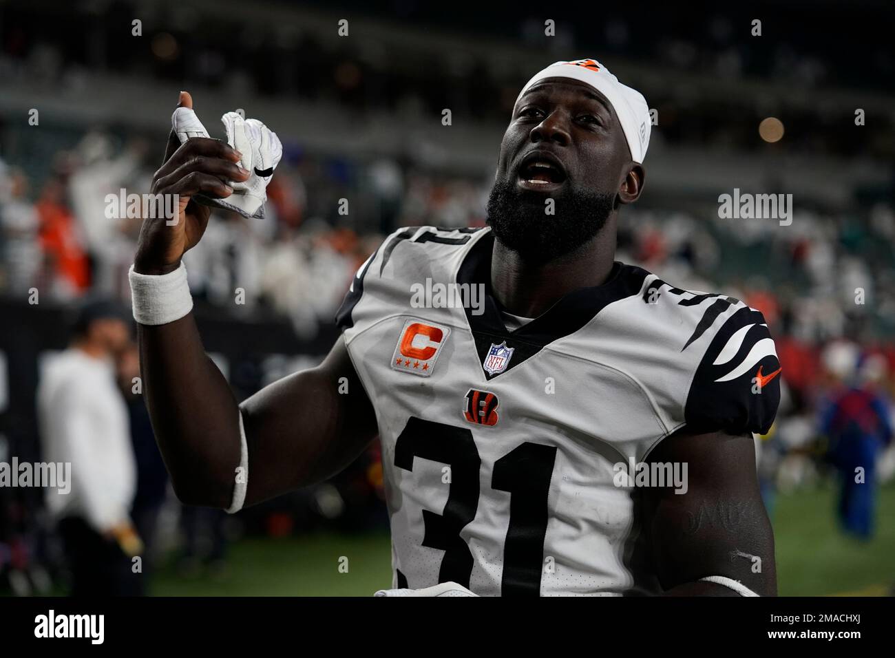Cincinnati Bengals safety Michael Thomas leaves the field following an ...