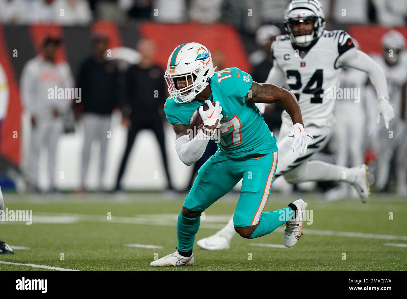 Miami Dolphins' Jaylen Waddle (17) runs during the first half of an NFL ...