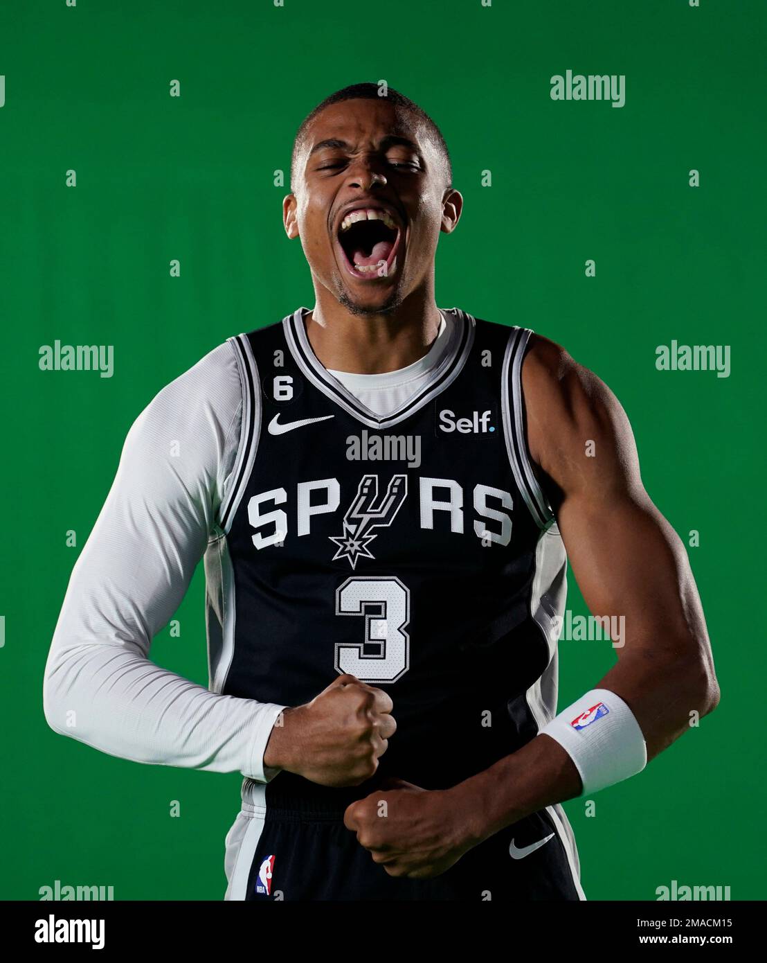 San Antonio Spurs forward Keldon Johnson (3) poses for photos during ...