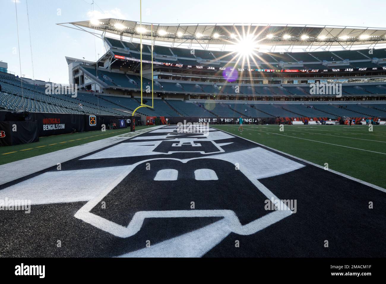 A general view of the Cincinnati Bengals end zone painted white before ...