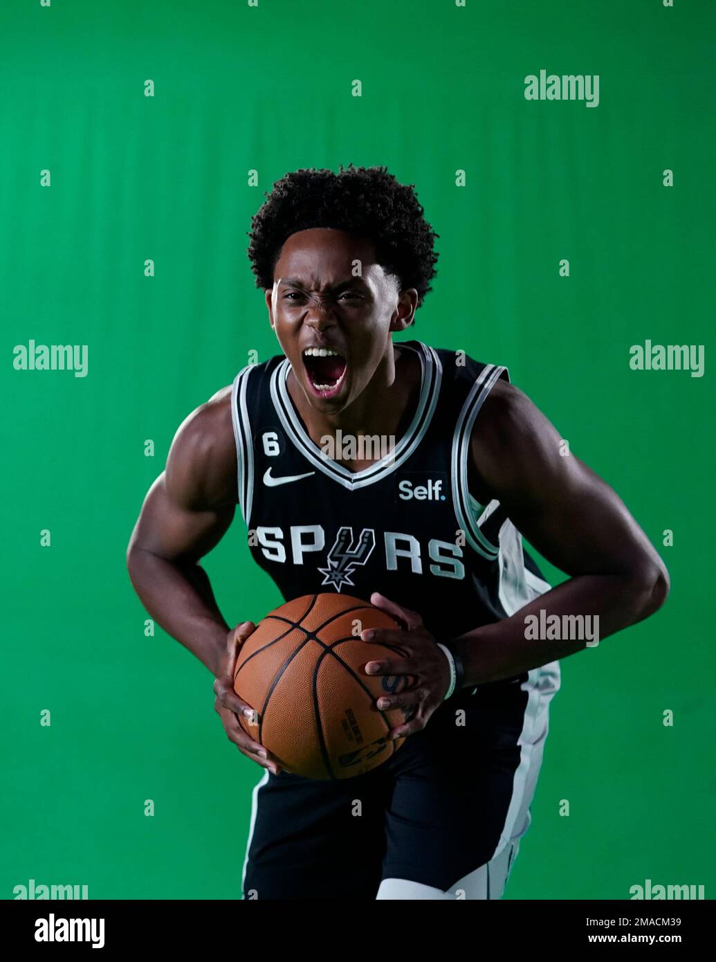 San Antonio Spurs guard Joshua Primo (11) poses for photos during the ...