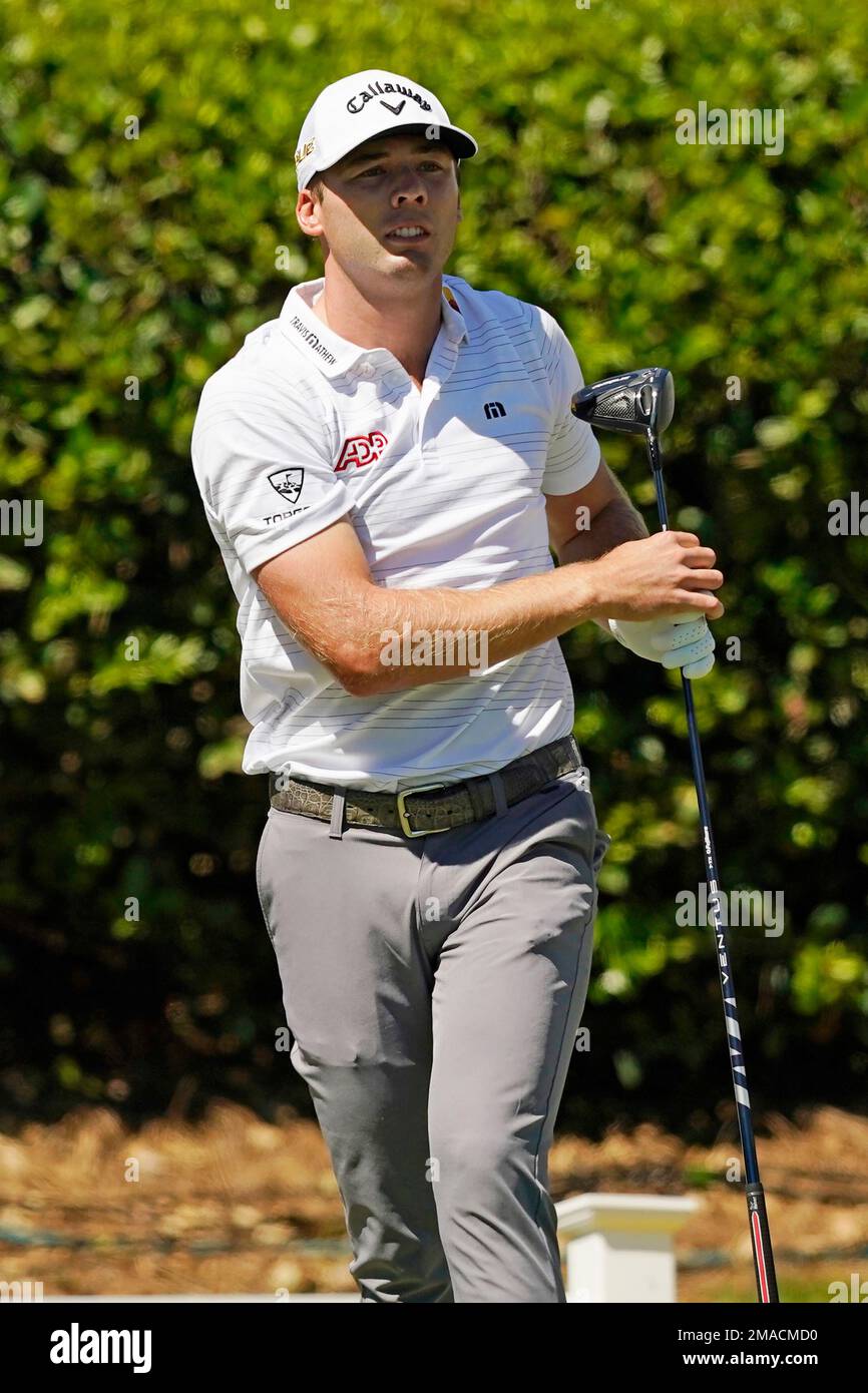 Sam Burns watches his drive on the first tee during the first day of ...