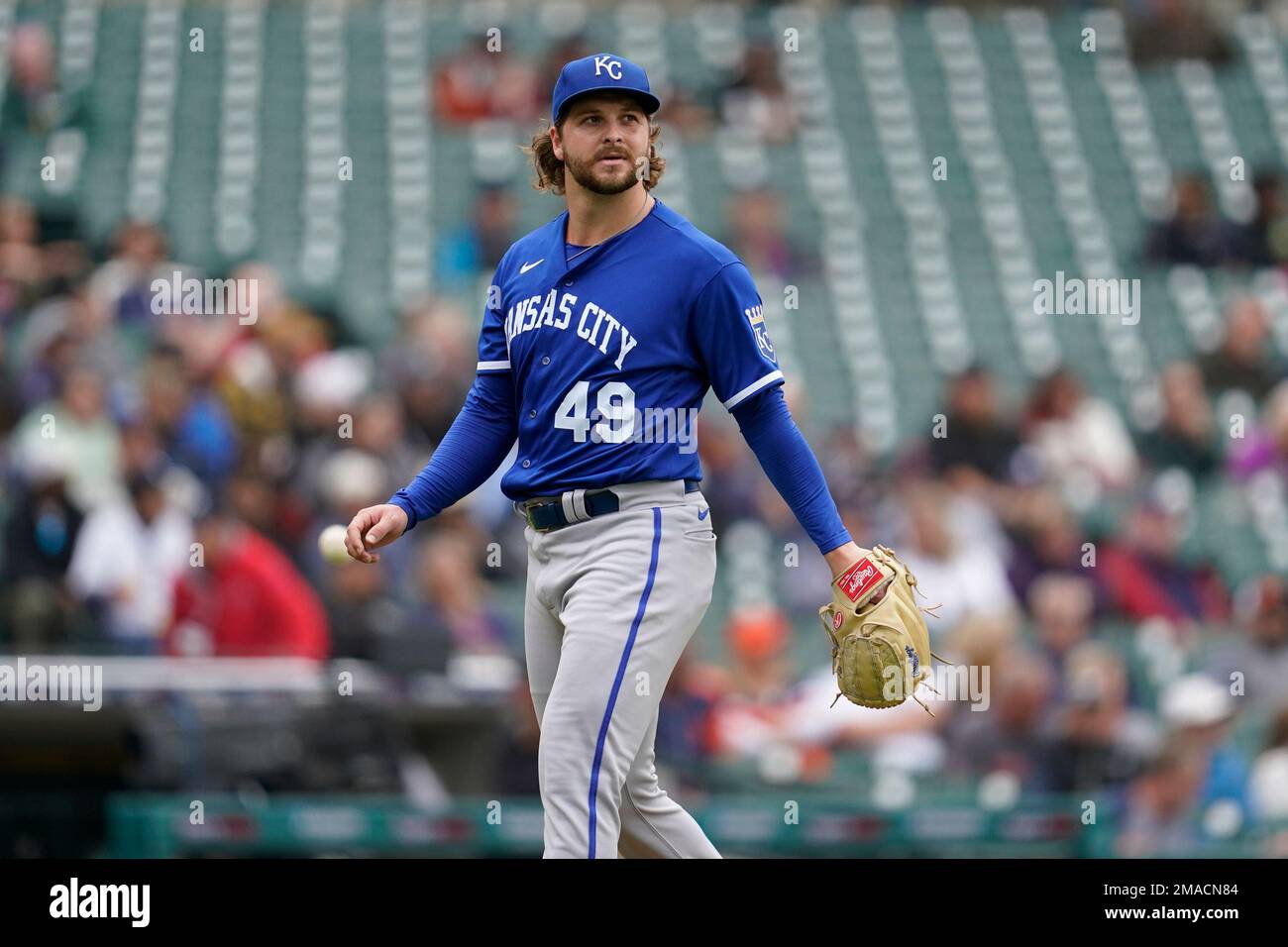 Kansas City Royals pitcher Jonathan Heasley walks to the dugout in the ...