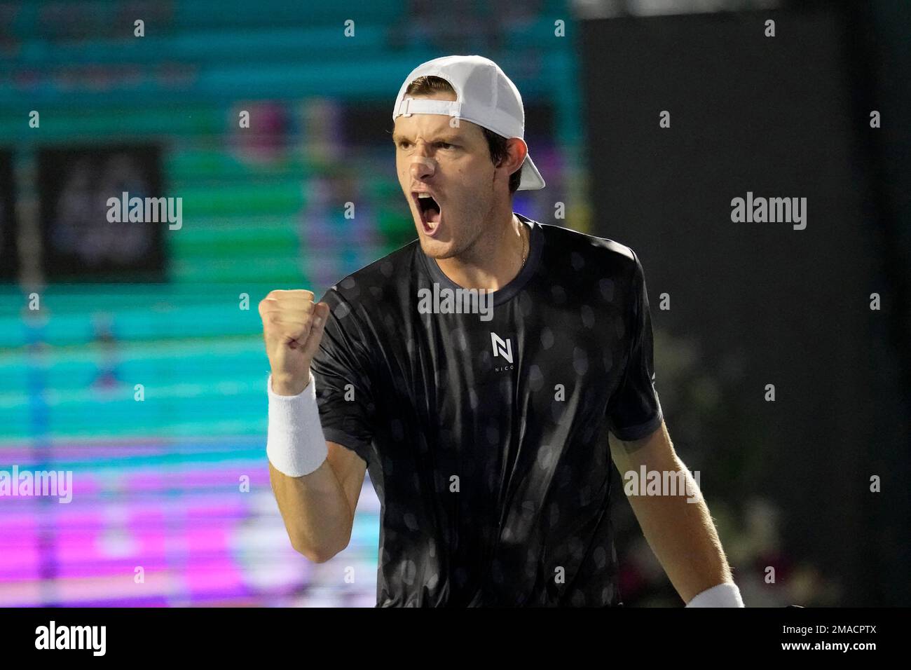Nicolas Jarry of Chile reacts after winning a point against Casper Ruud ...