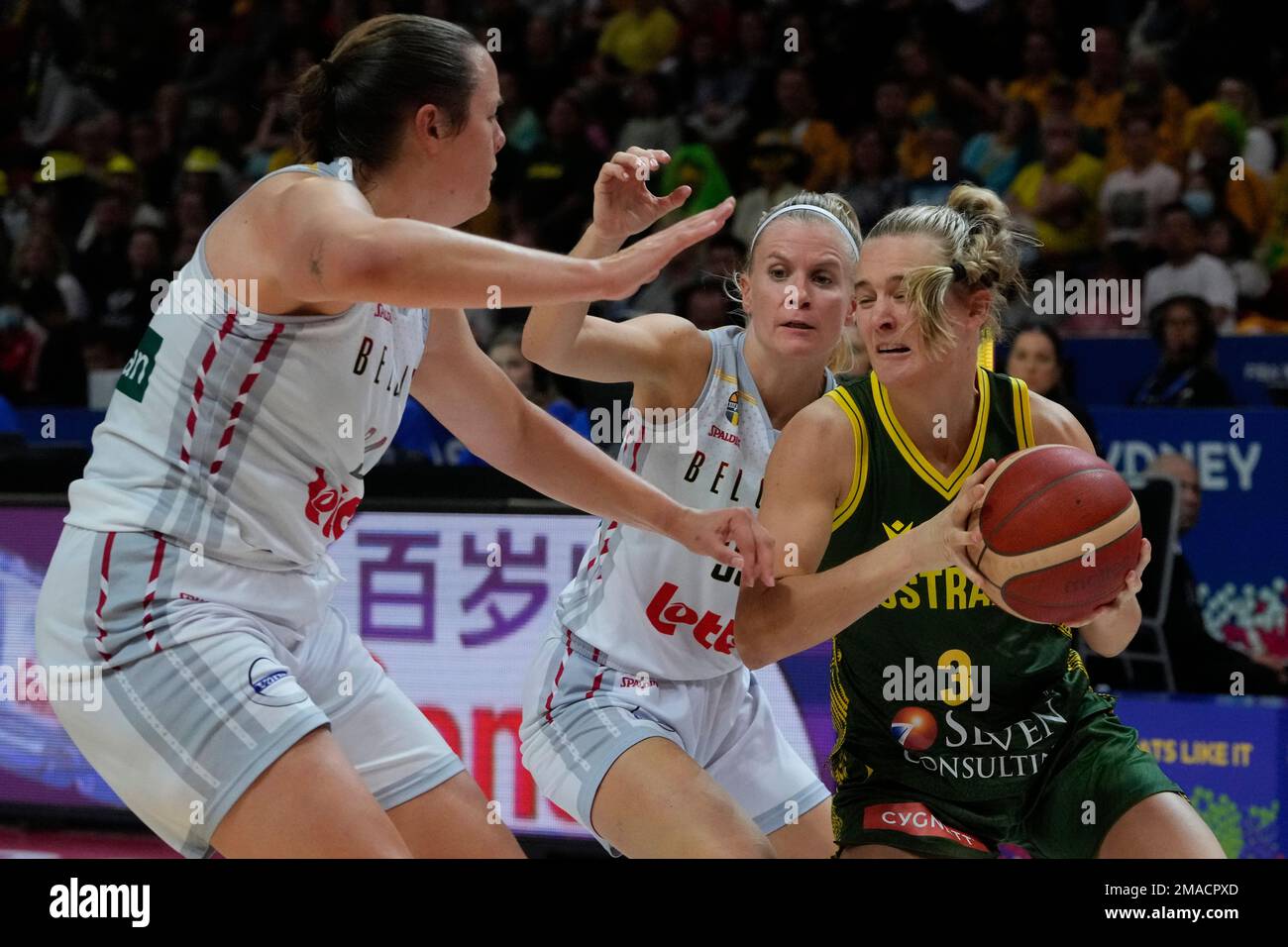 Australia's Kristy Wallace, right, runs into Belgium defenders during ...
